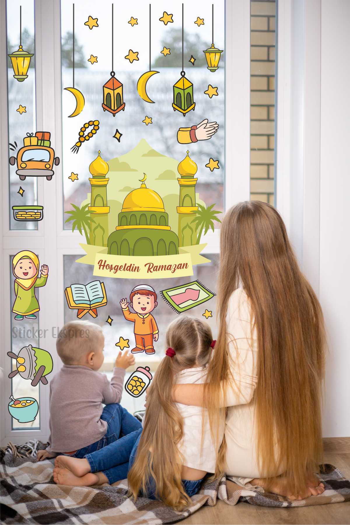 Cami Ve Ramazan Figürleri Cam Kapı Duvar Sticker Seti