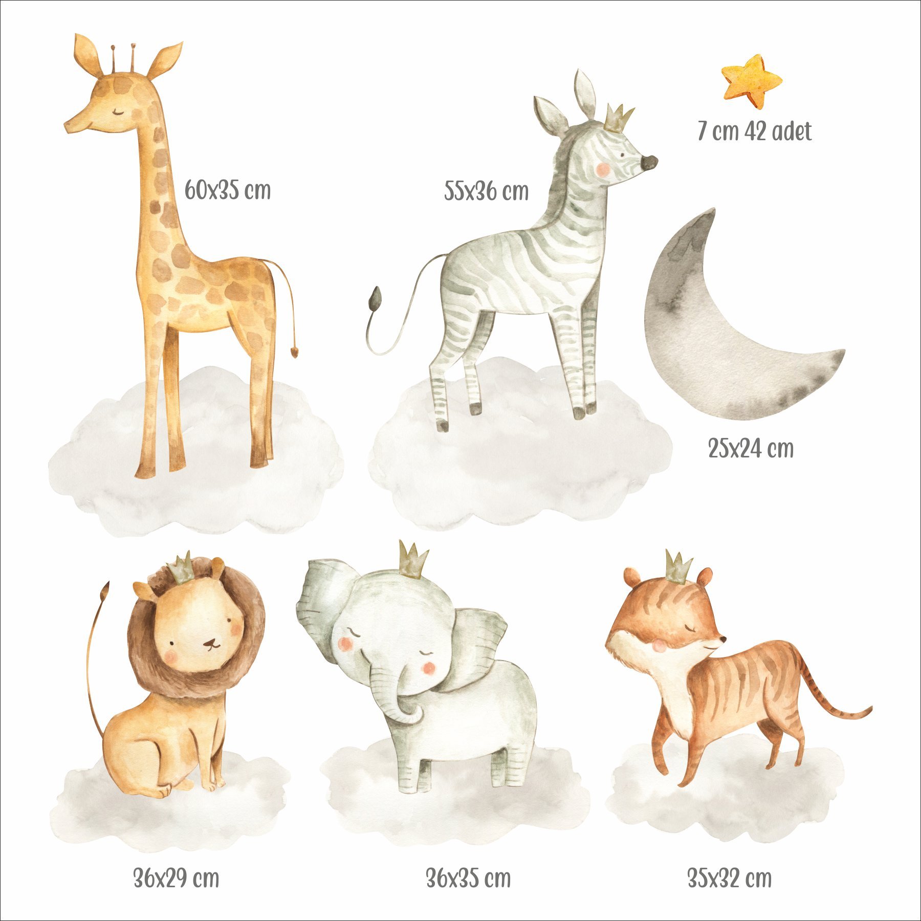 Bulutların Üzerinde Duran Safari Hayvanlar Sticker Set Sarı